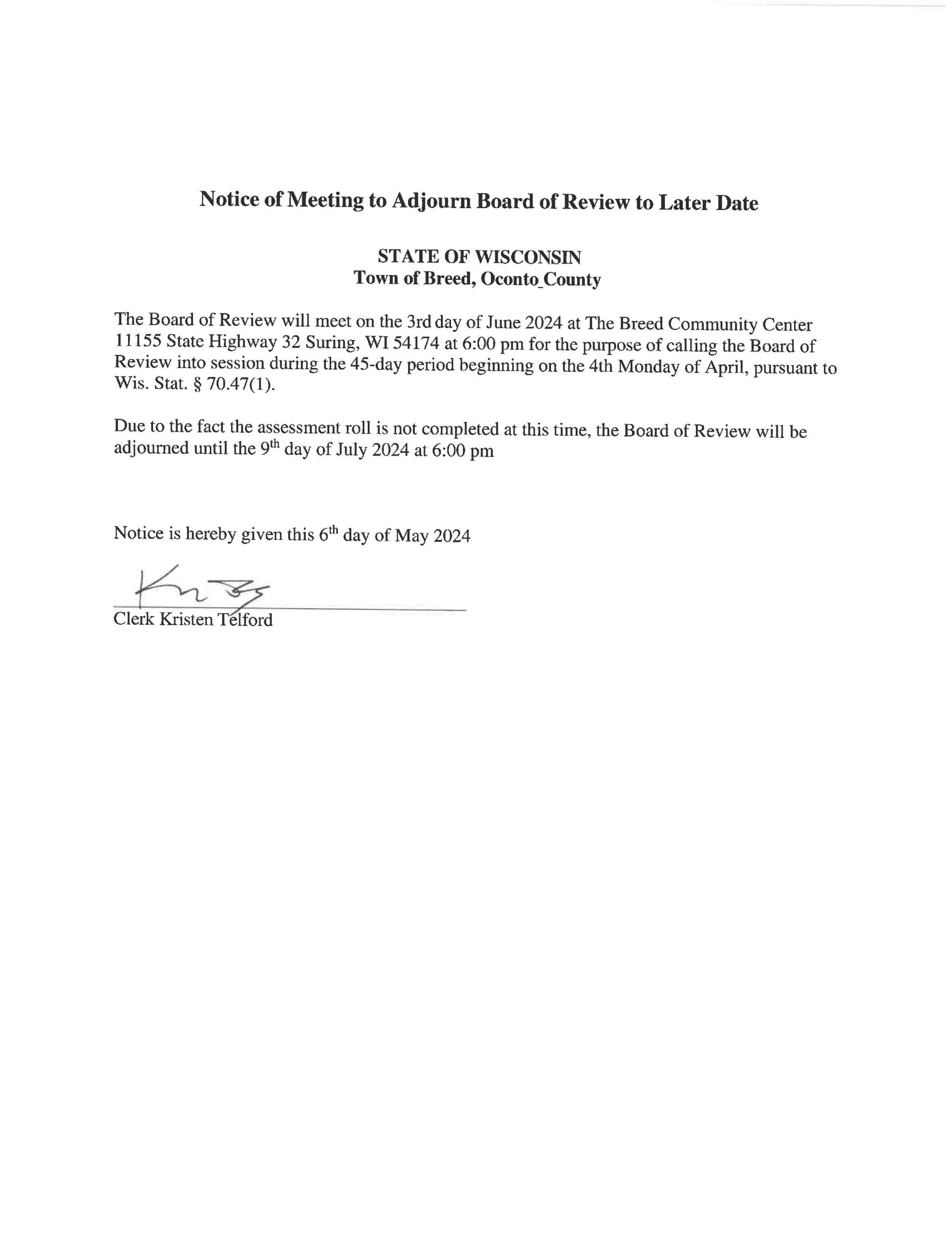 2024-Adjourn-Board-of-Review-Notice-1 – Town of Breed